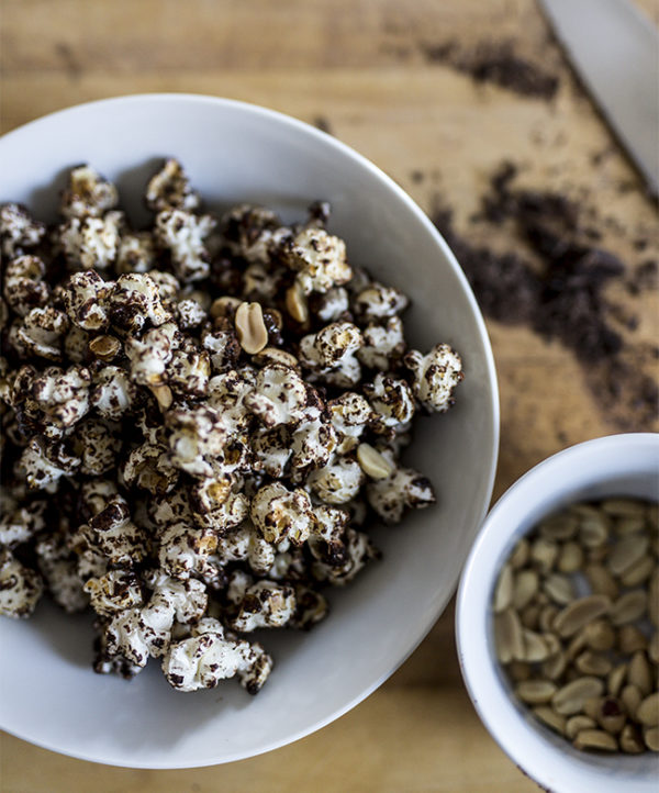 Dark Chocolate Popcorn with Sea Salt and Peanuts - A Stack of Dishes